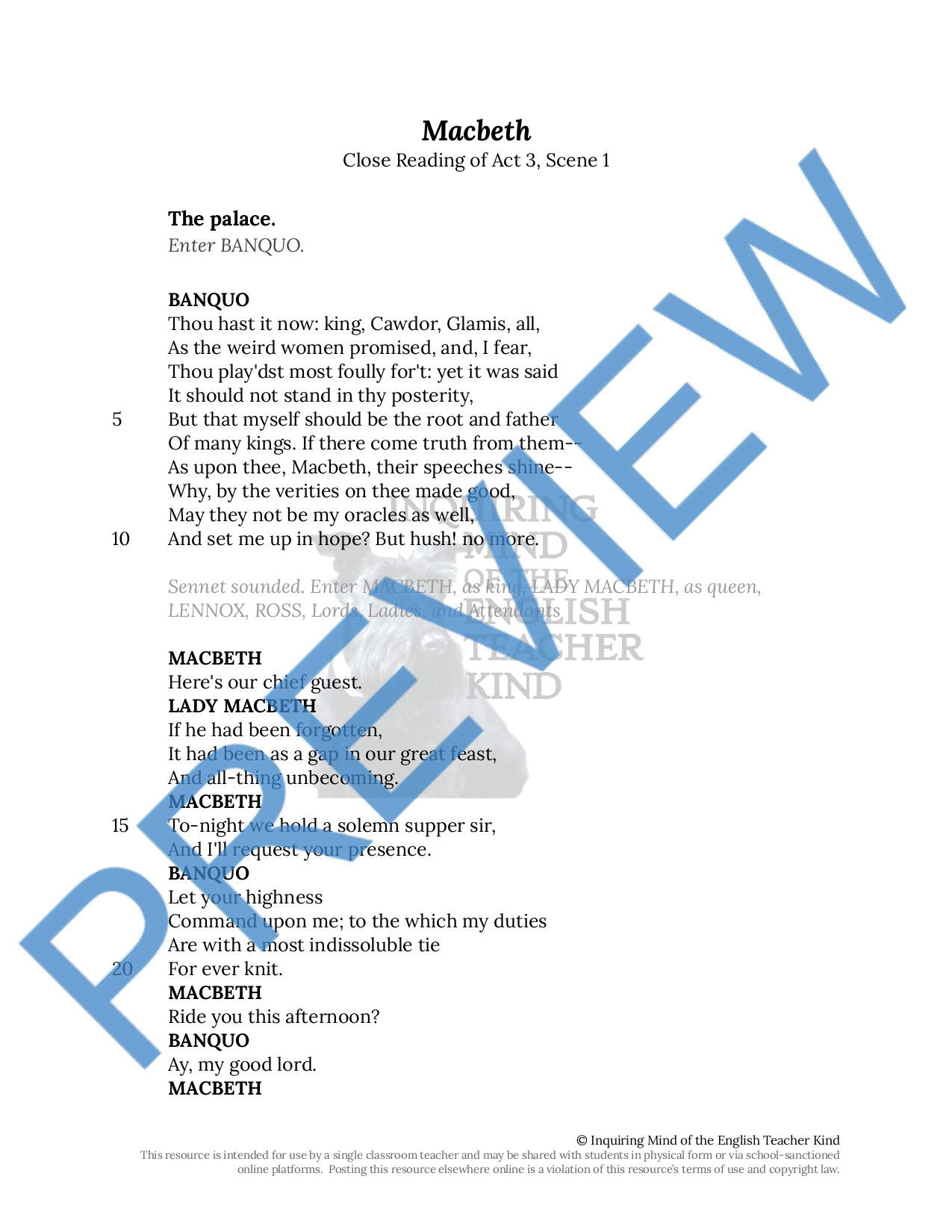 Macbeth Act 3 Scene 1 Close Reading Worksheet | Teaching Resources