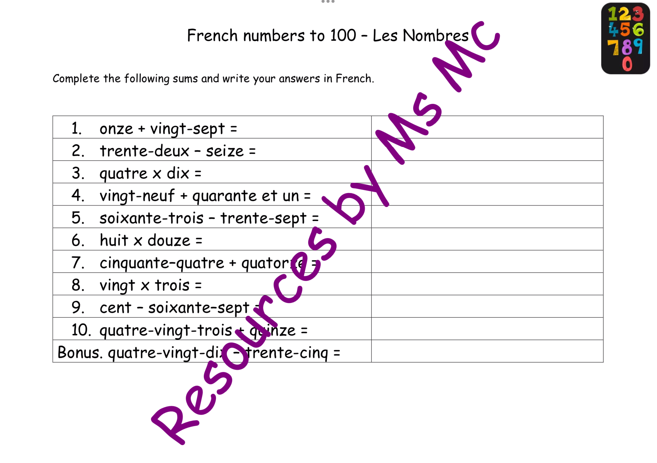 French numbers to 100 - Les Nombres | Teaching Resources