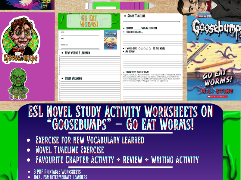ESL Novel Study Worksheets - Go Eat Worms! - Goosebumps - R.L Stine ...