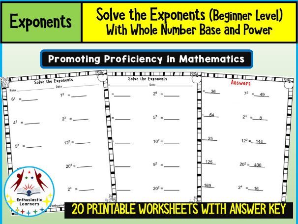 Exponents with Whole Number Bases and Powers – Beginner Level Worksheets, Math Problems ...