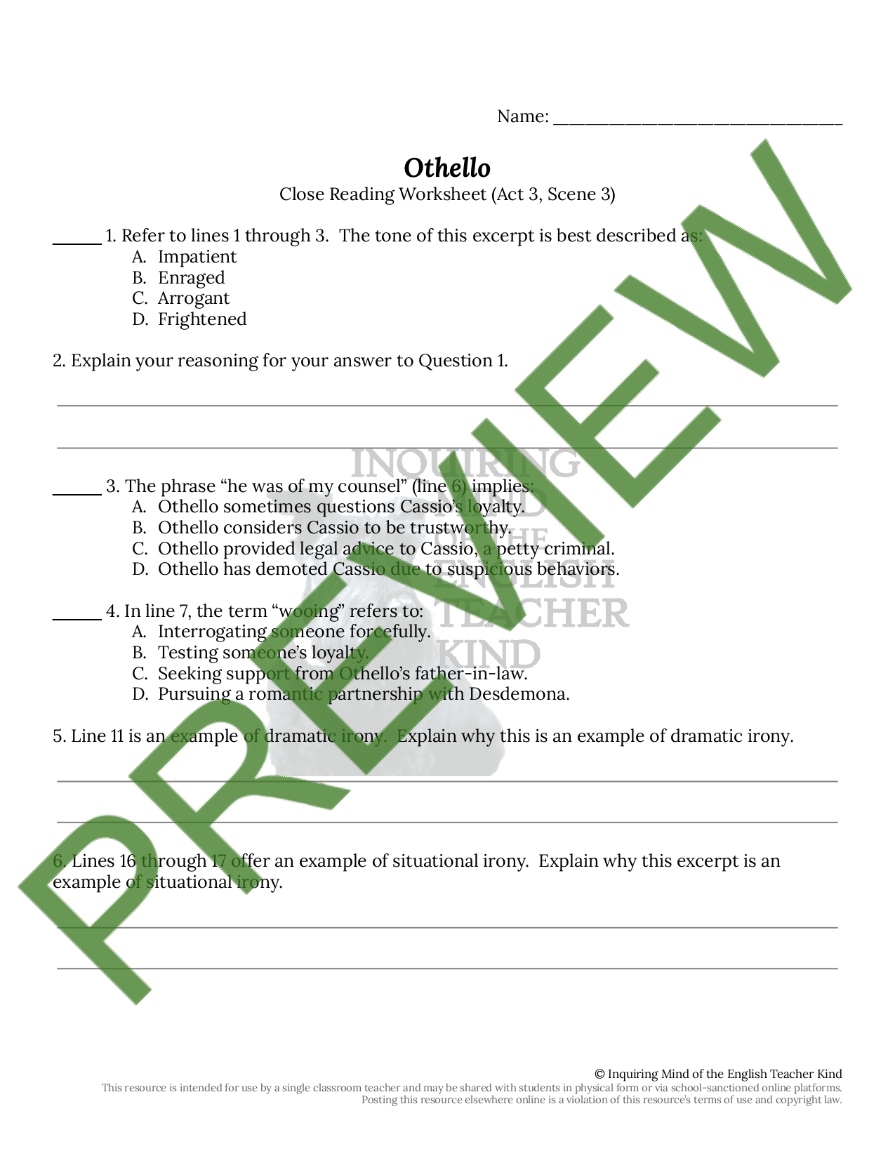 Othello Act 3 Scene 3 Close Reading Worksheet | Teaching Resources