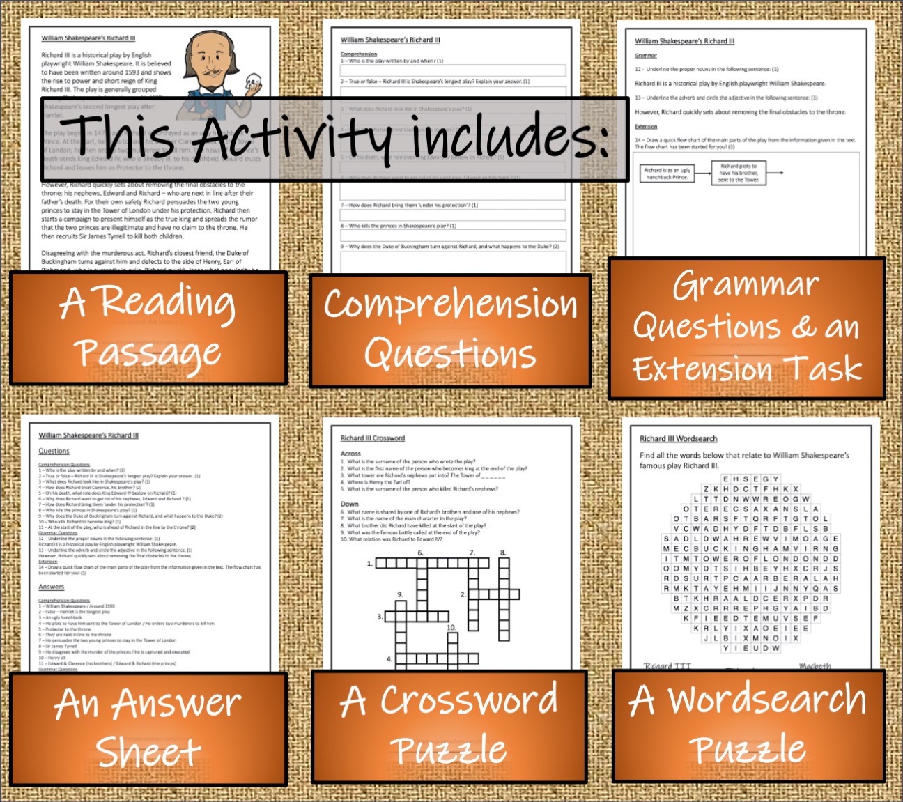 UKS2 William Shakespeare's Richard III Reading Comprehension Activity ...