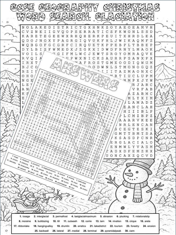 GCSE Geography Christmas Colouring Word Search: Glaciation | Teaching ...