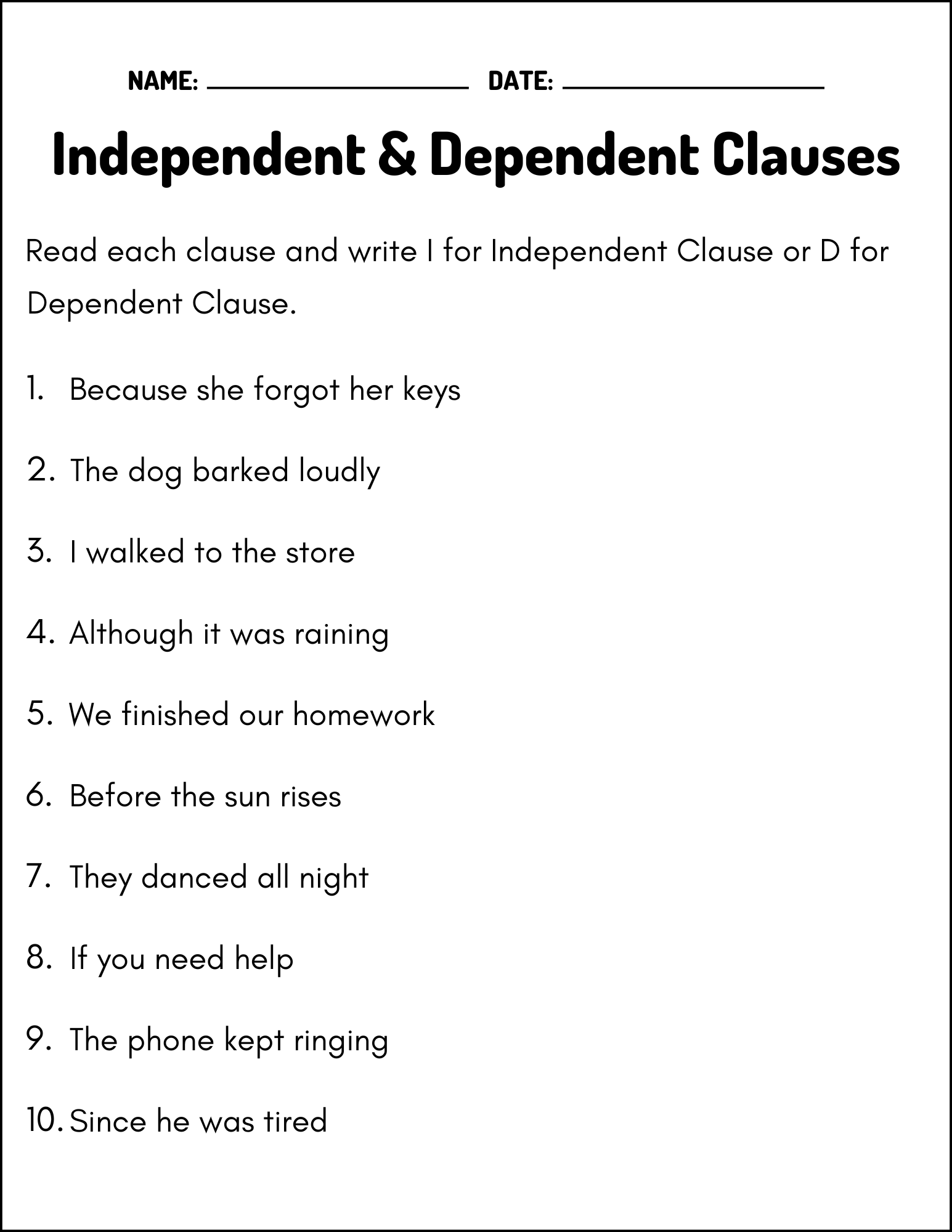 Independent and Dependent Clauses Worksheets | ELA Grammar Practice ...