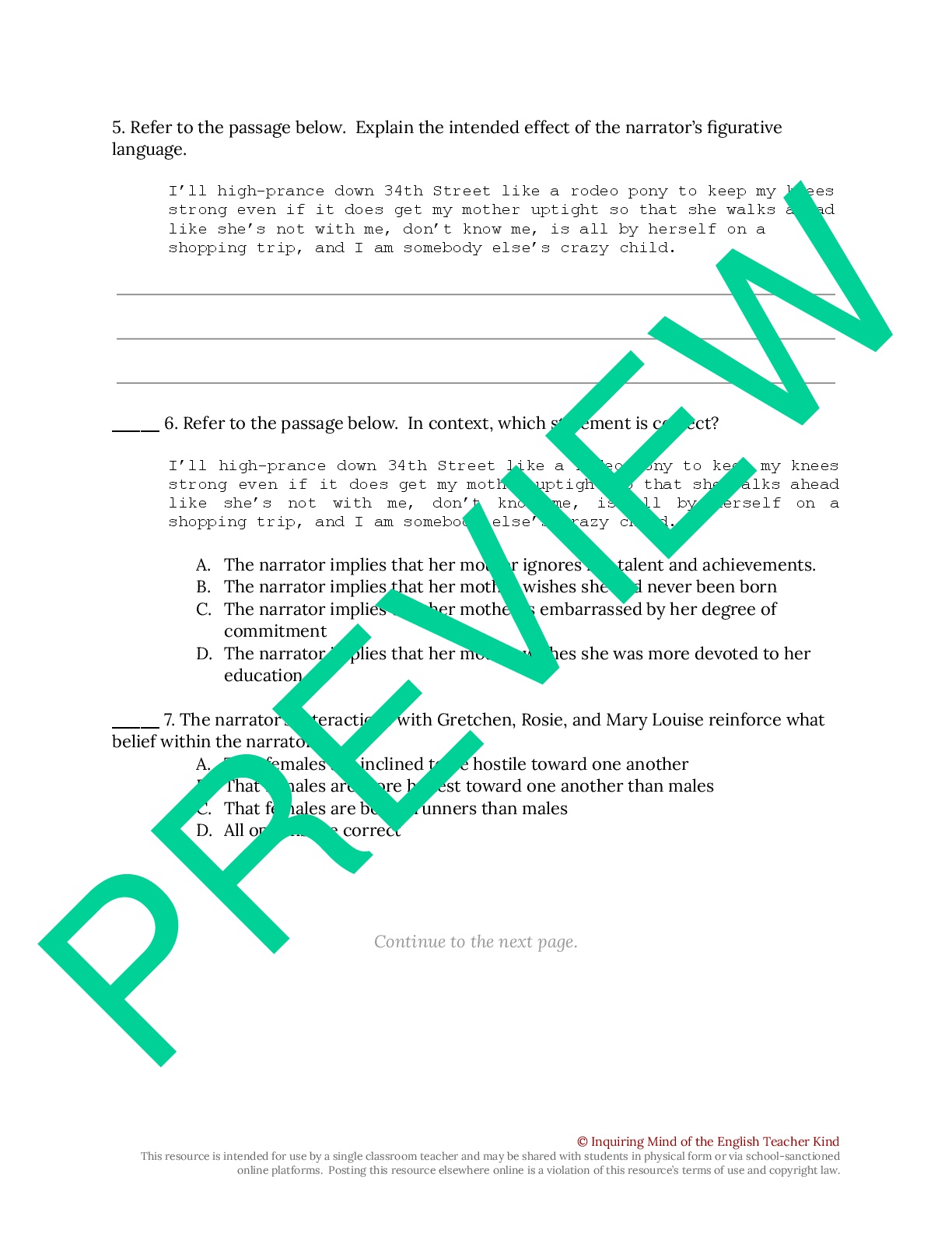 "Raymond's Run" by Toni Cade Bambara Close Reading Worksheet | Teaching ...