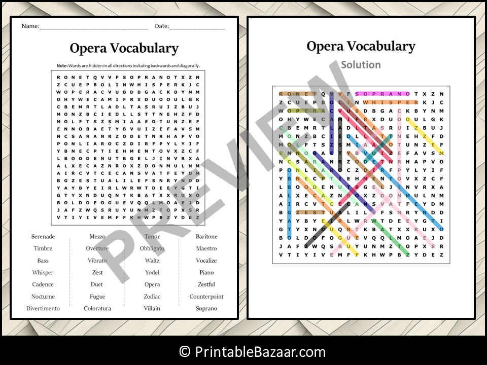 Opera Vocabulary Word Search Puzzle Worksheet Activity | Teaching Resources