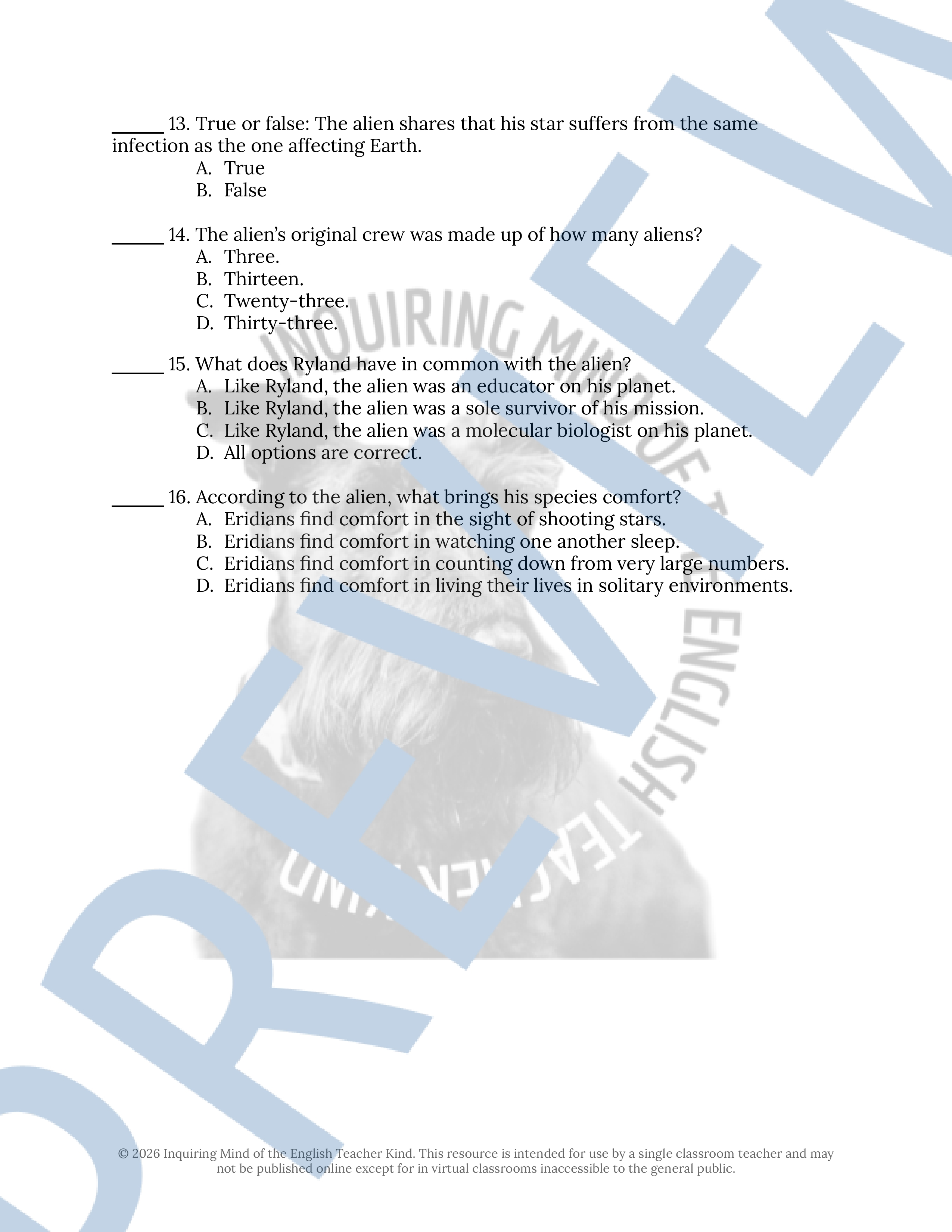 Project Hail Mary Chapters 10, 11, and 12 Quiz and Answer Key | Science ...