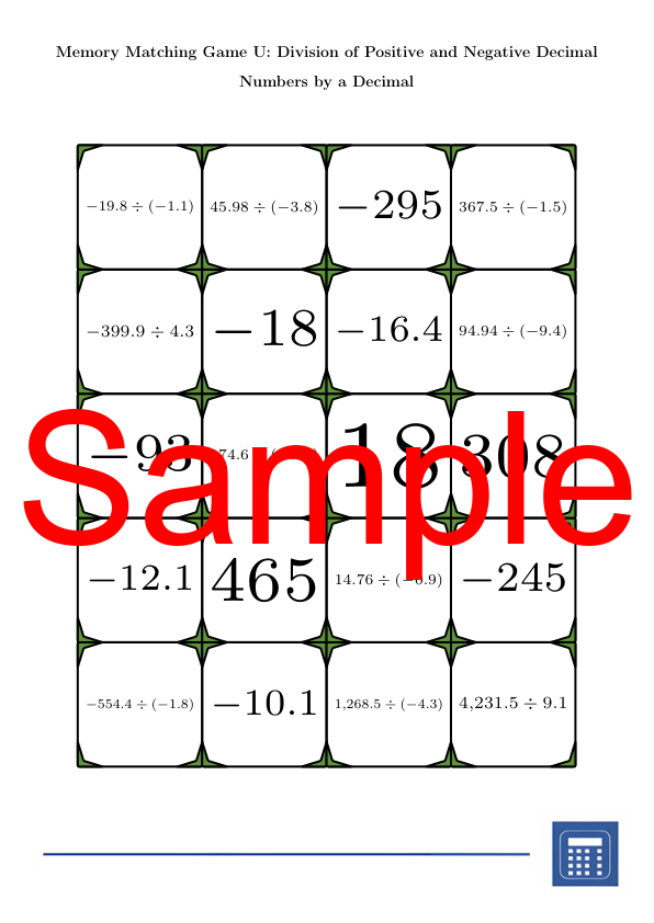 Memory Matching Game | Division of Positive and Negative Decimal ...