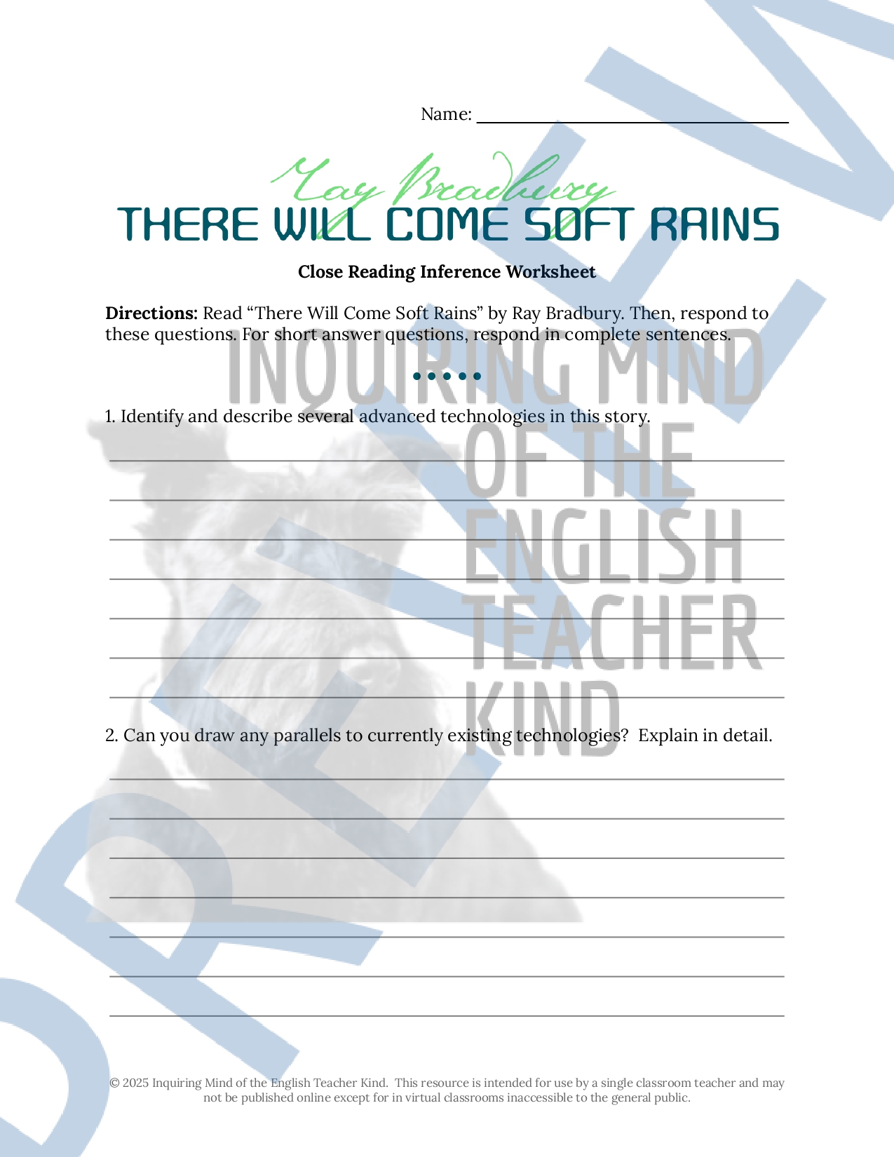 "There Will Come Soft Rains" Close Reading Analysis Worksheet ...