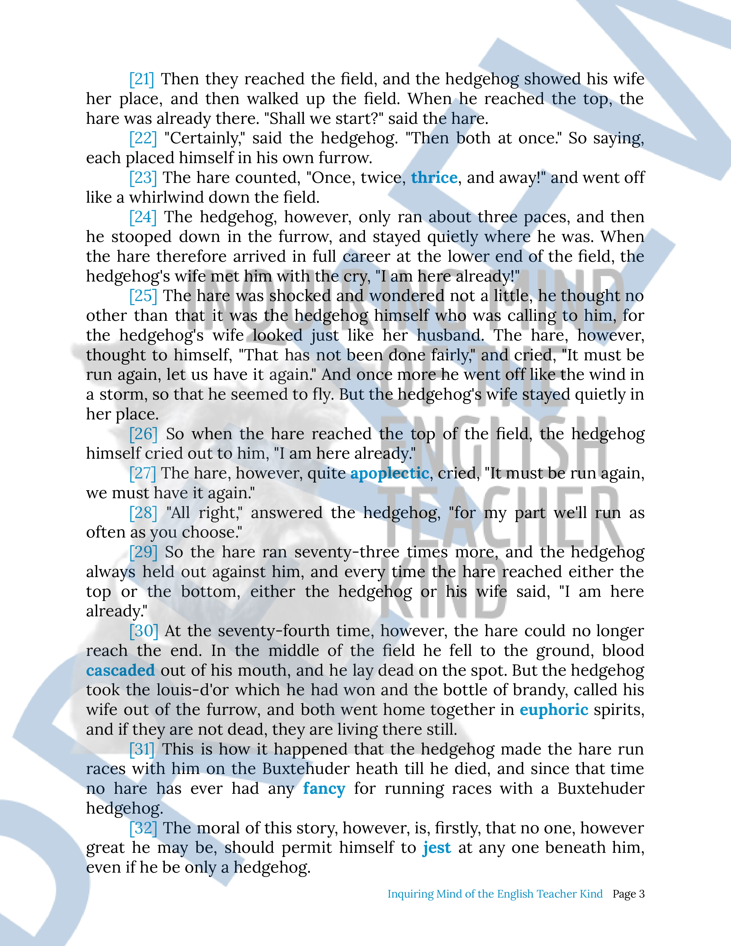 "The Hare and the Hedgehog" Quiz and Answer Key | Grimm's Fairy Tale ...