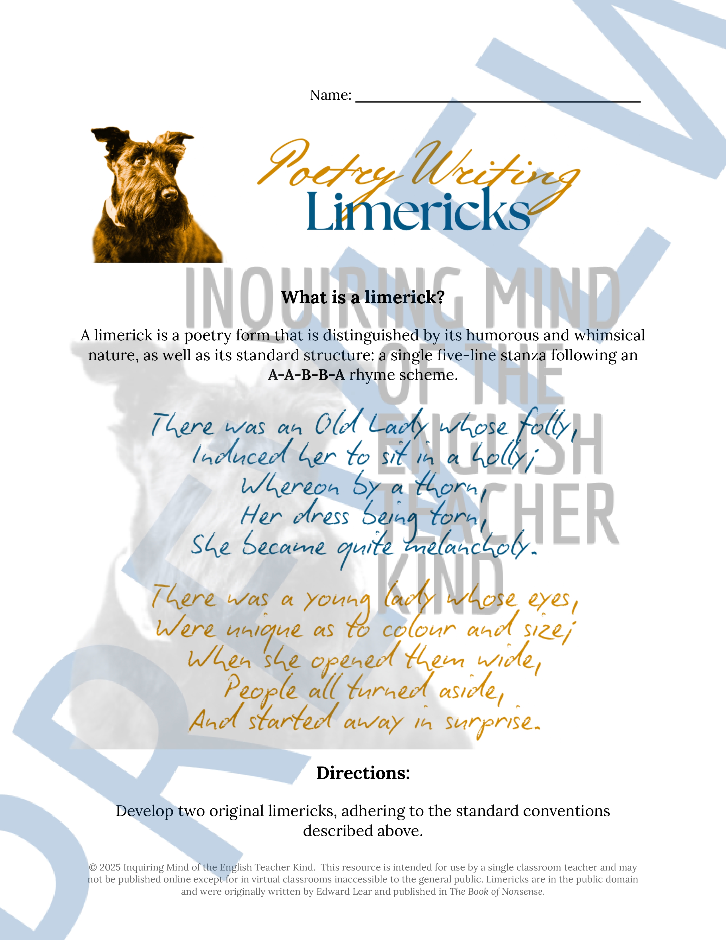 Limerick Poetry Activity with Outline and Exemplar for Creative Writing ...