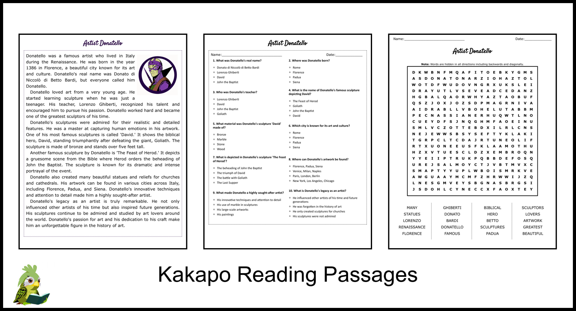 Artist Donatello Reading Comprehension and Word Search | Teaching Resources
