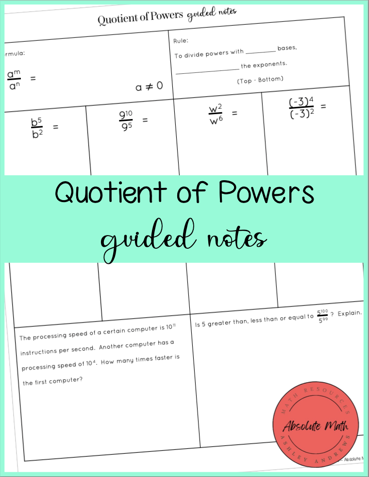 Quotient of Powers Guided Notes | Teaching Resources