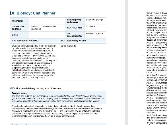 IBDP Biology Theme A Unit Planner | Teaching Resources