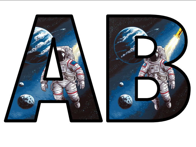 Astronaut Space Exploration Floating Planets Lettering Set Display ...