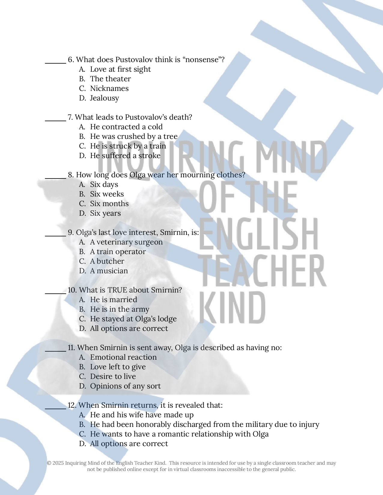 "The Darling" by Anton Chekhov Quiz and Answer Key (Short Story ...