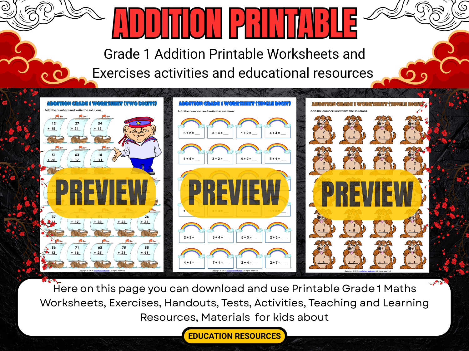 Grade 1 Addition Printable Worksheets and Exercises Christmas for kids ...