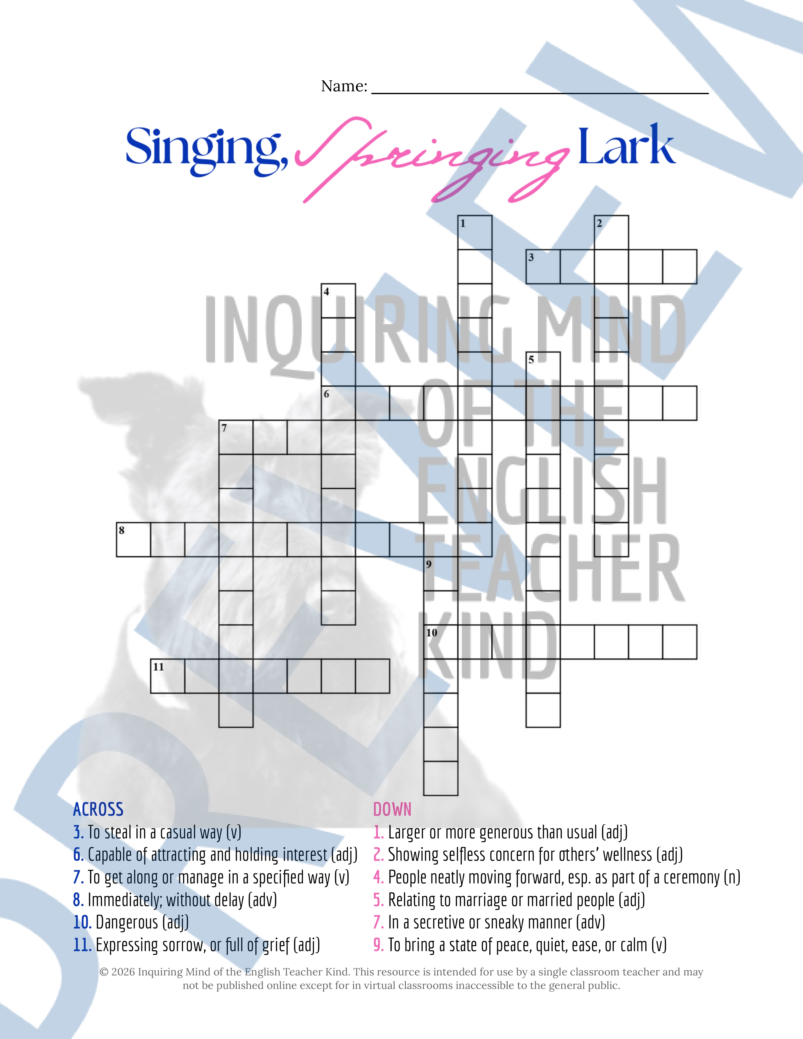 "The Singing, Springing Lark" Vocabulary Activities | Brothers Grimm ...
