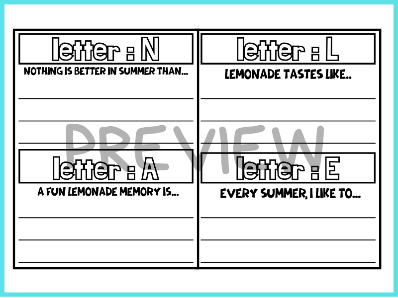 Summer Lemonade Big Letter Writing Prompts Booklet | Literacy for early ...