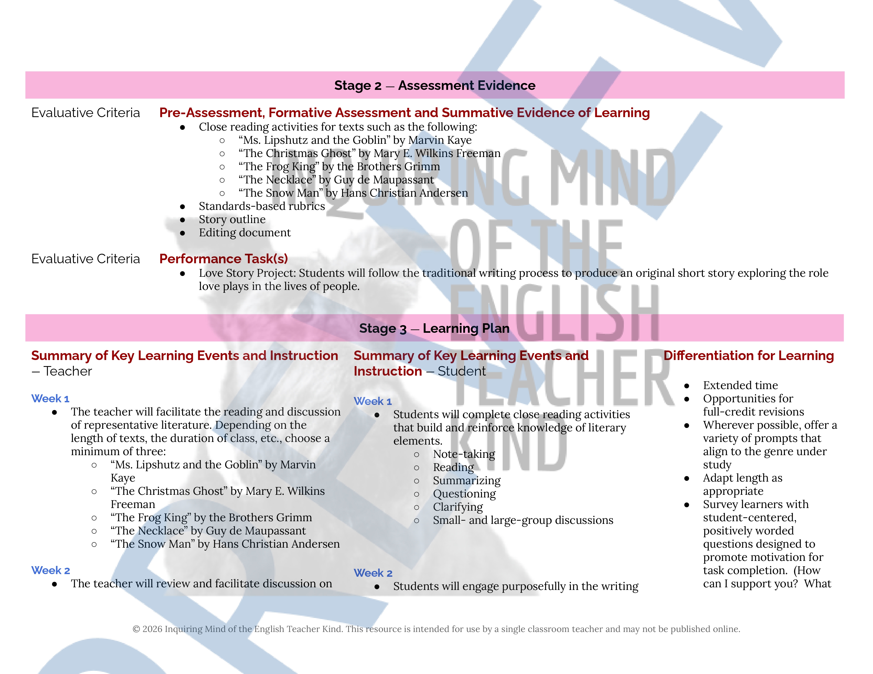 Creative Writing Unit Plan and Narrative Project | Love Stories ...