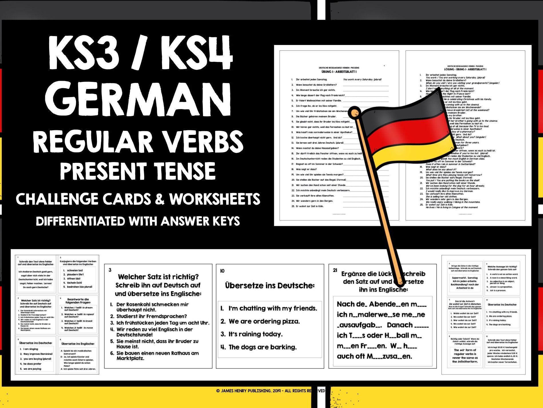 German Regular Verbs Present Tense Challenge Cards & Worksheets BUNDLE ...