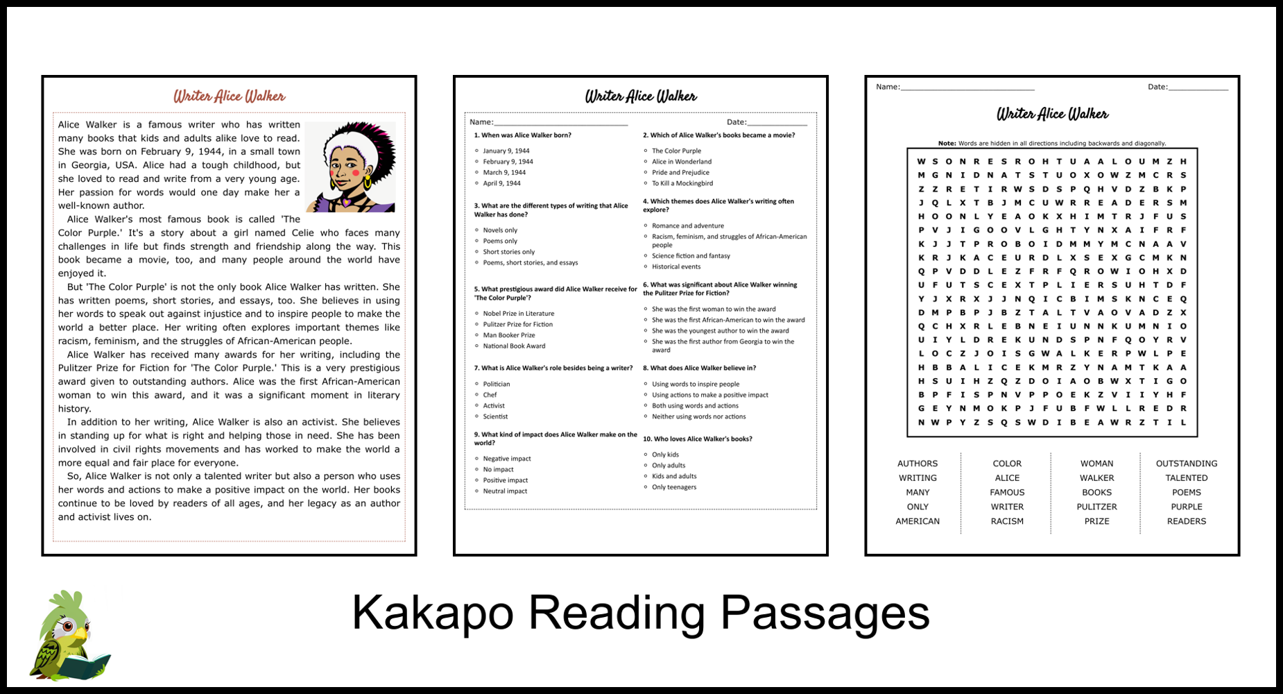Writer Alice Walker Reading Comprehension and Word Search | Teaching ...