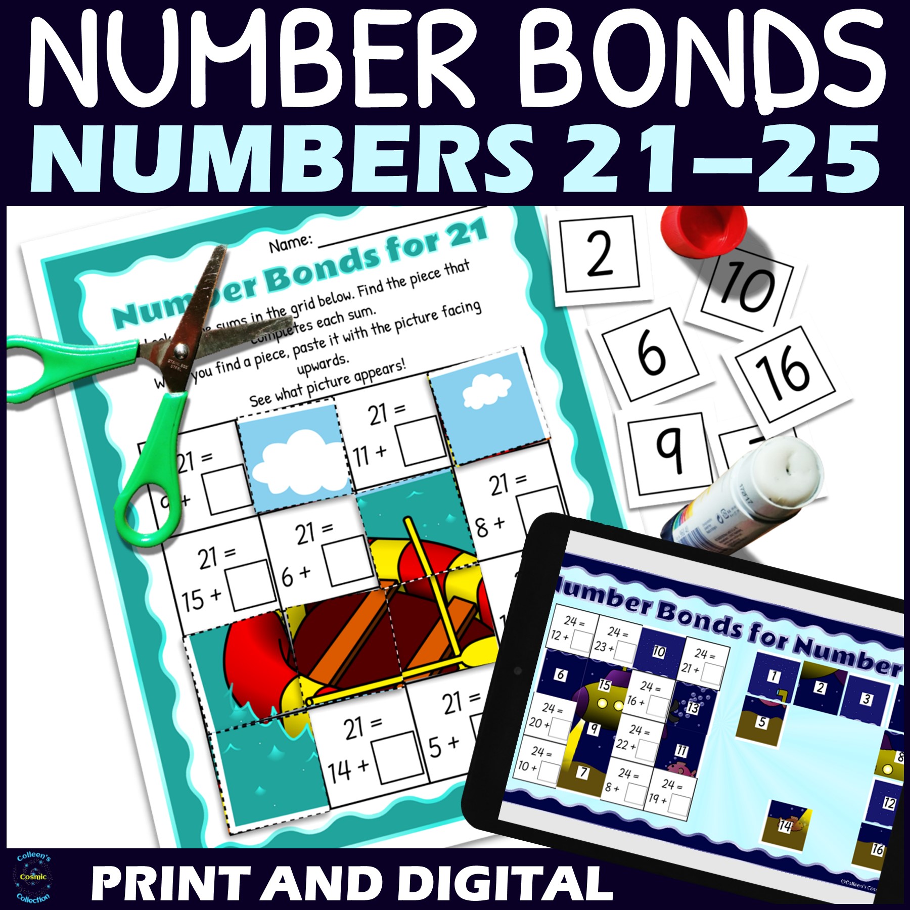 Number Bonds Self-Checking Cut and Paste Grid Puzzles for numbers 21-25 ...
