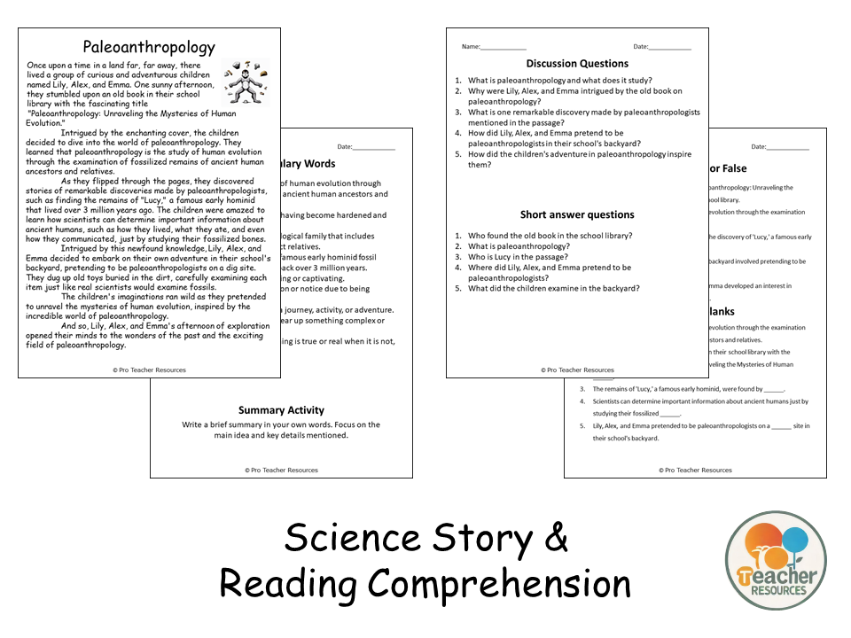 Paleoanthropology Reading Science Story Comprehension Questions ...