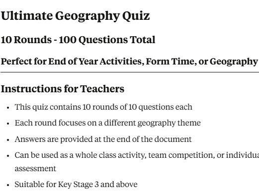 Ultimate Geography Quiz 10 Rounds - 100 Questions Total | Teaching ...