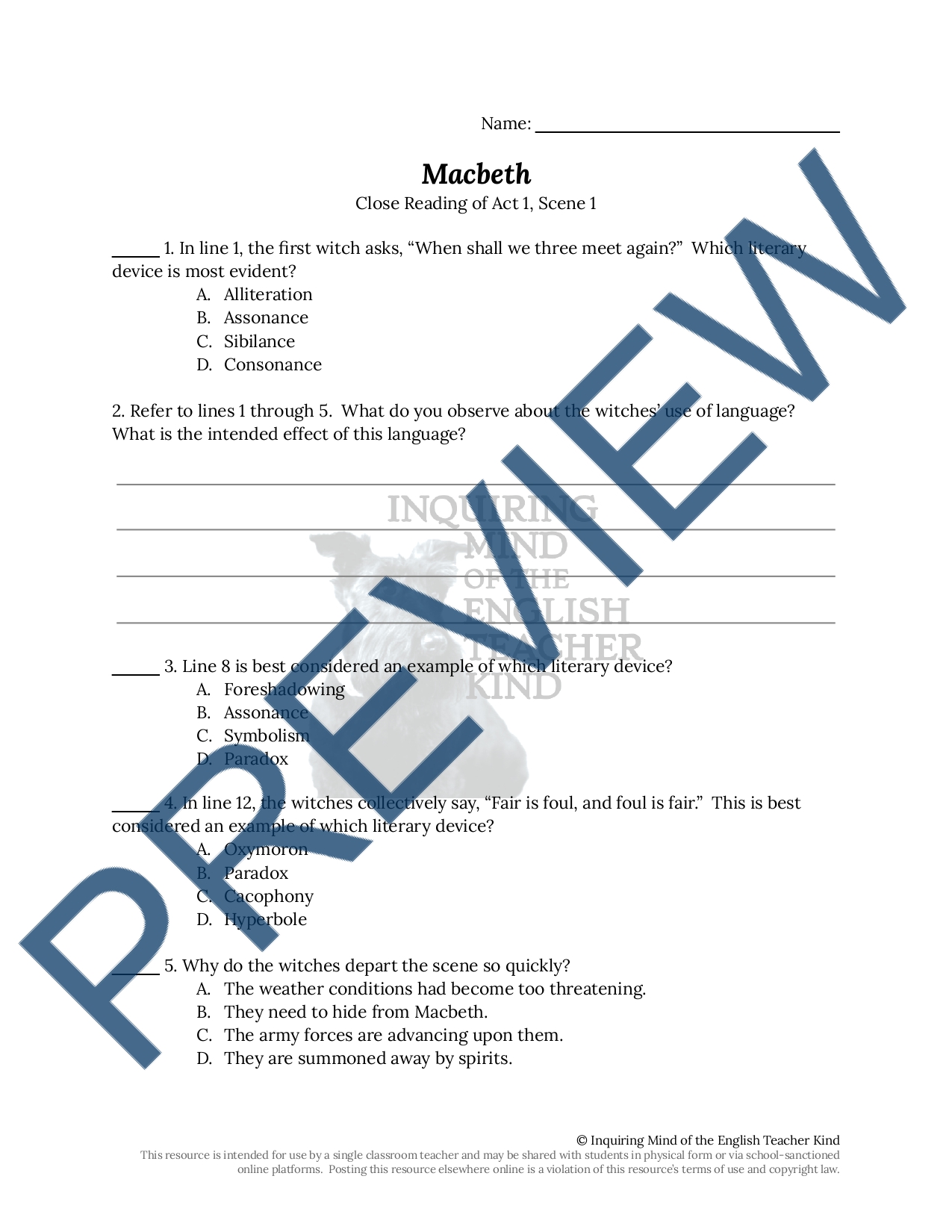 Macbeth Act 1 Scene 1 Close Reading Worksheet | Teaching Resources