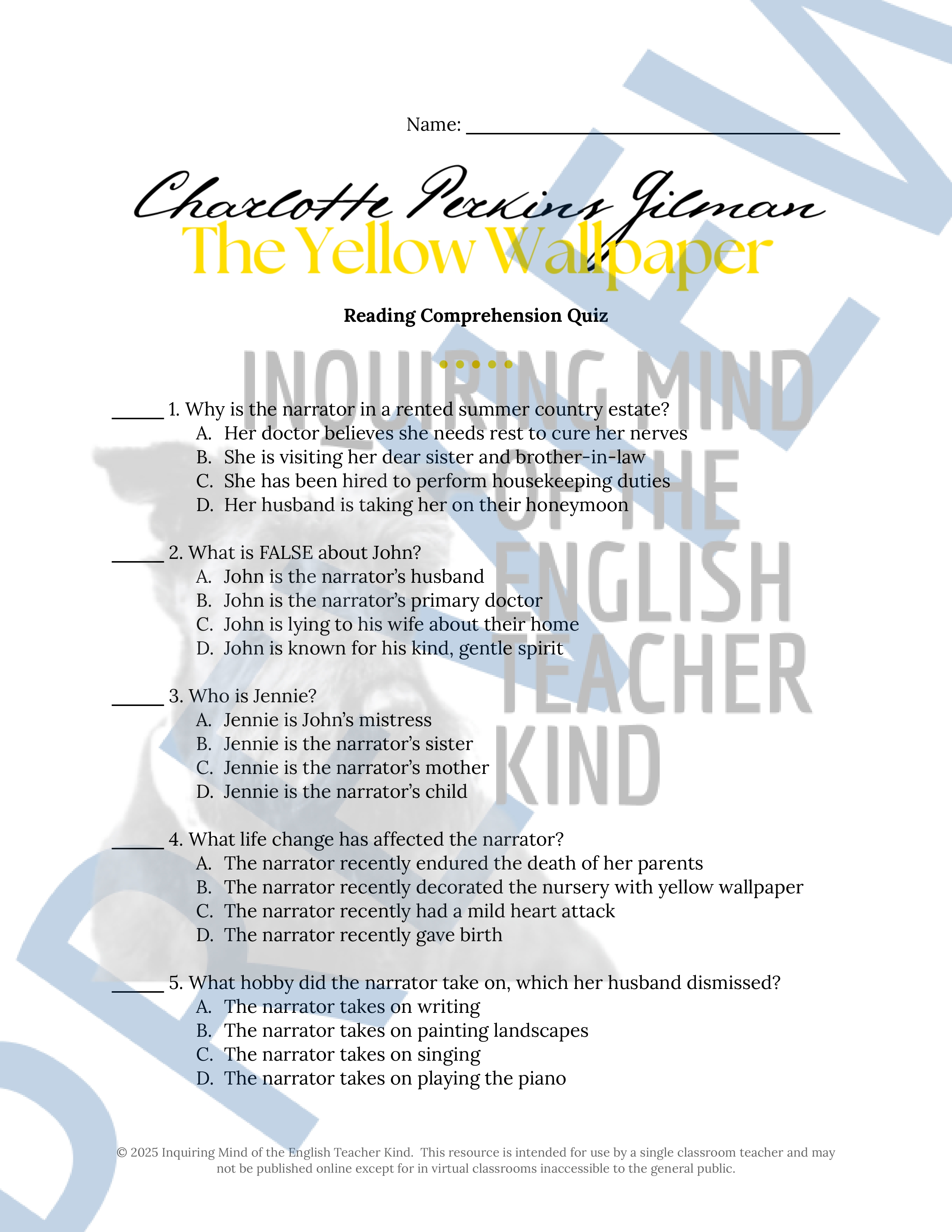 "The Yellow Wallpaper" by Charlotte Perkins Gilman Quiz and Answer Key ...