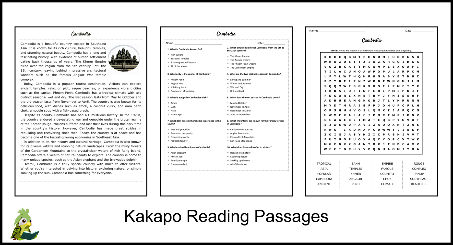 Cambodia Reading Comprehension and Word Search | Teaching Resources