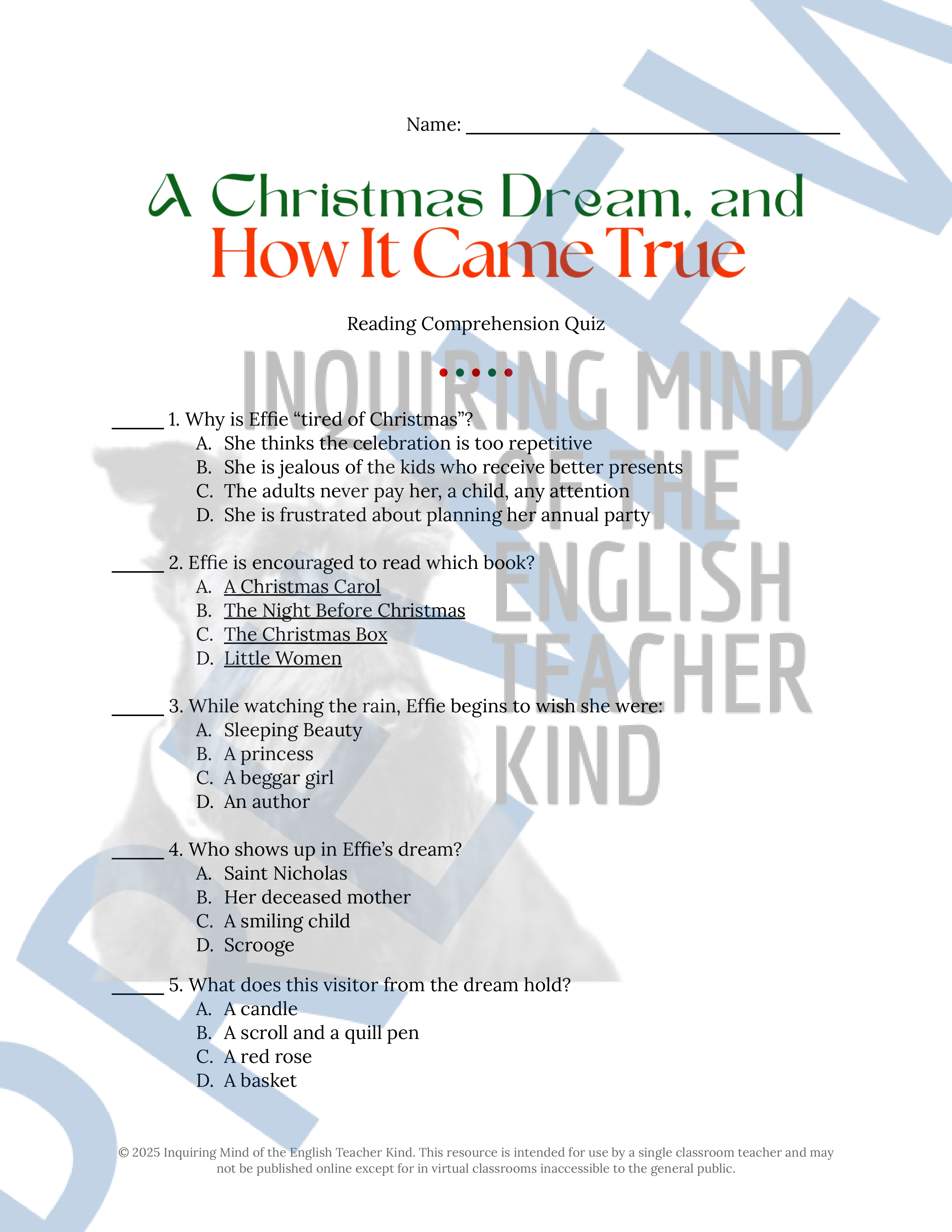 "A Christmas Dream" by Louisa May Alcott Quiz and Answer Key | Winter ...