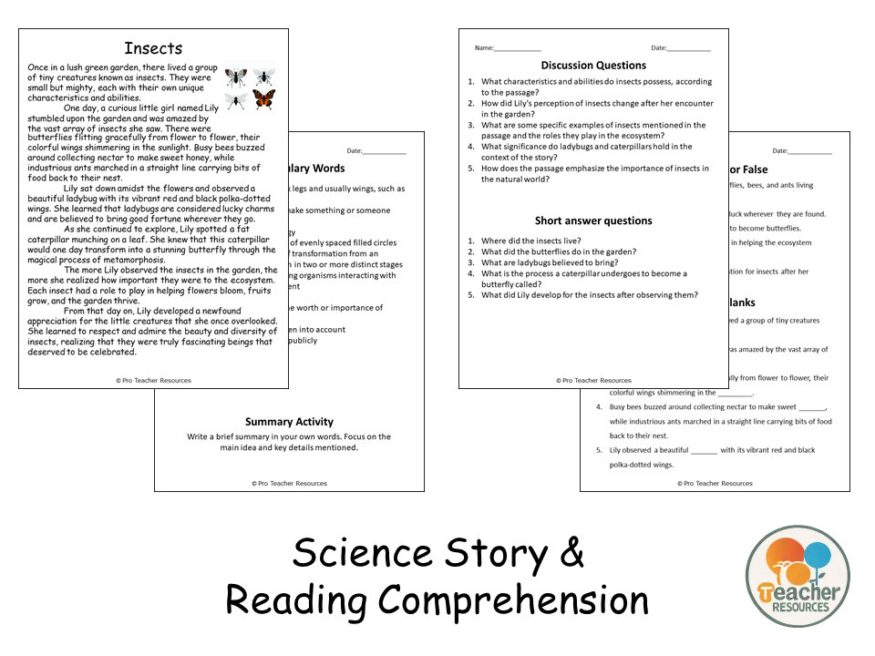 Insects Reading Science Story Comprehension Questions Worksheet ...