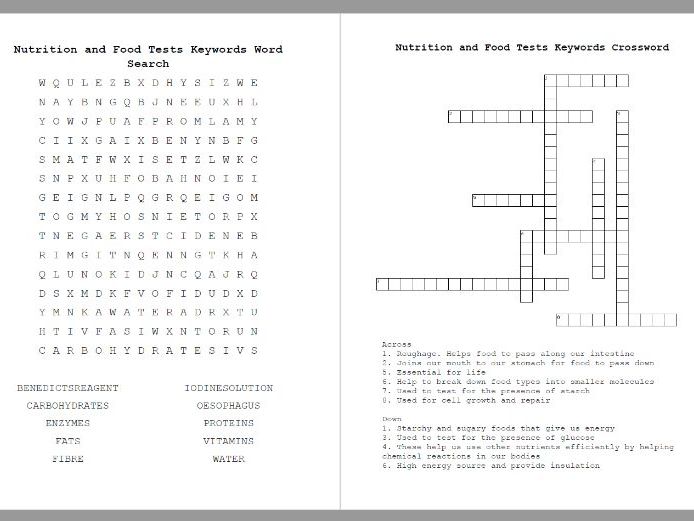 Nutrition And Food Tests Crossword Word Search KEYWORDS Teaching