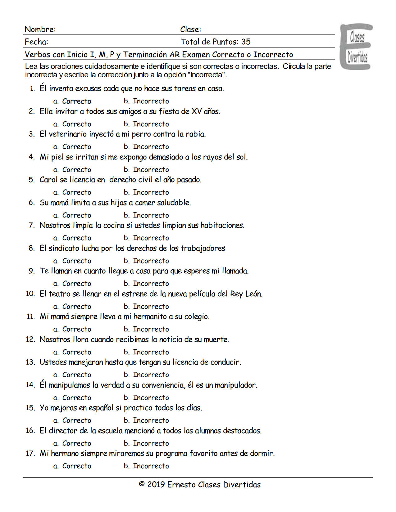 Verbs Start I, M, P End AR Spanish Correct-Incorrect Exam | Teaching ...