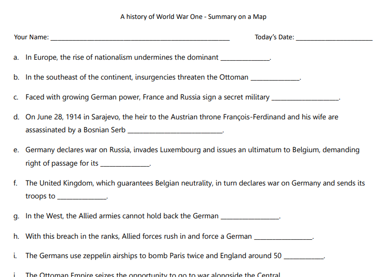 World War One summary: video worksheets, differentiated. | Teaching ...
