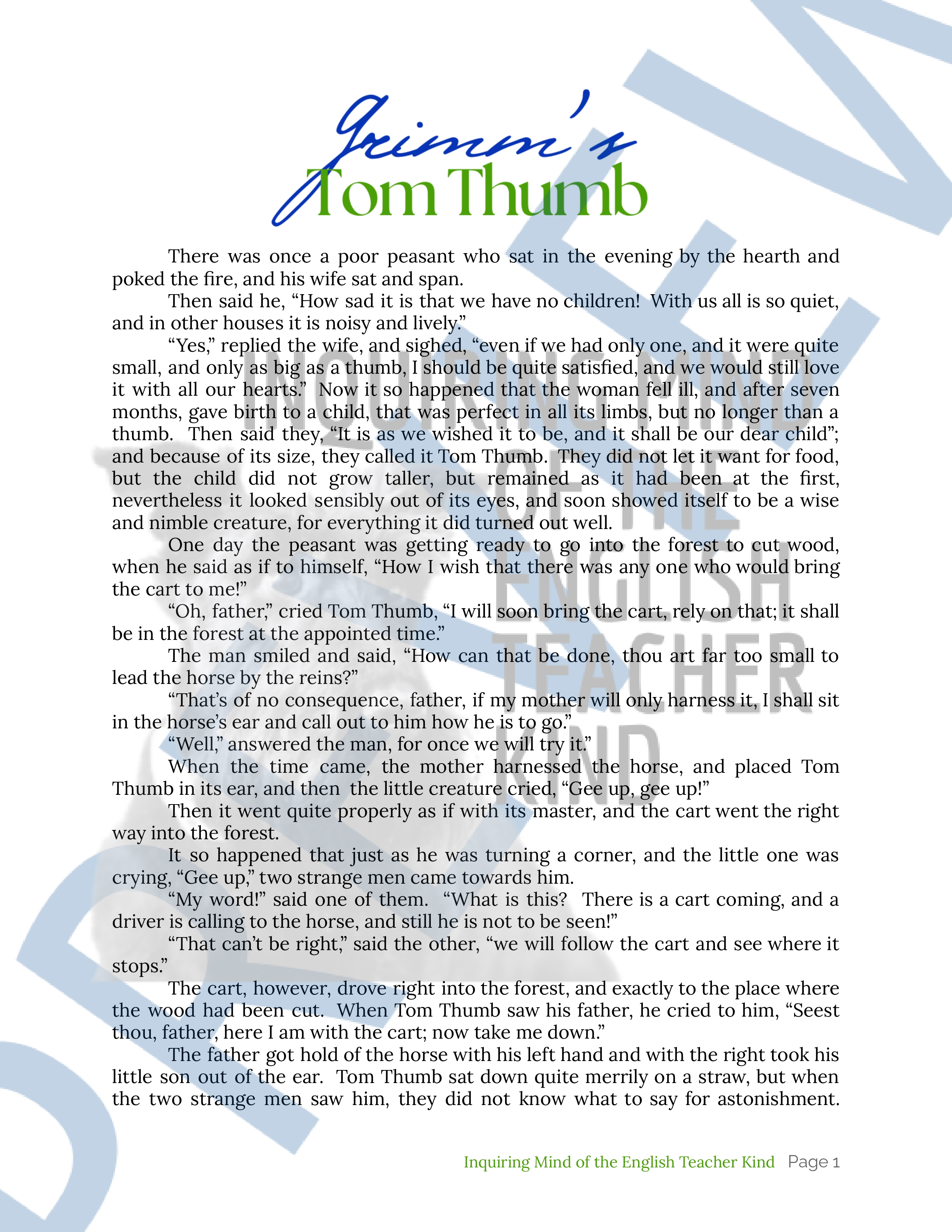 "Tom Thumb" Close Reading Analysis Worksheet | Brothers Grimm Fairy ...