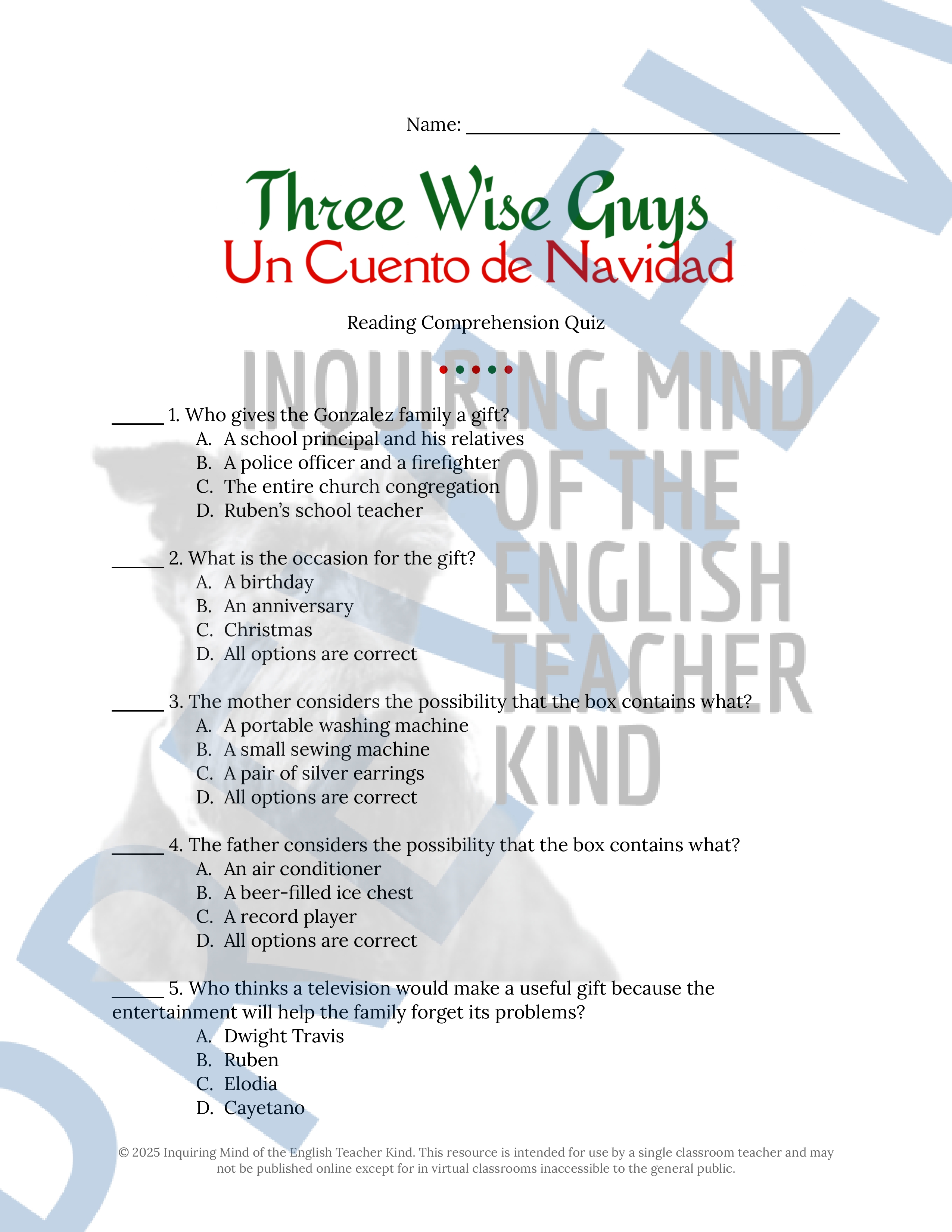 "Three Wise Guys" by Sandra Cisneros Quiz | Multicultural Christmas ...