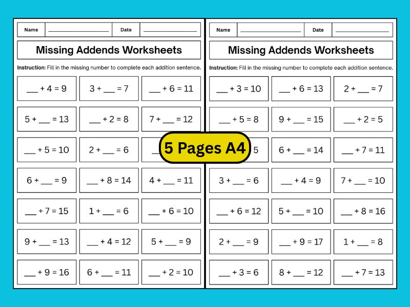 Missing Numbers Worksheets - Addition up to 20 | Finding the Missing ...