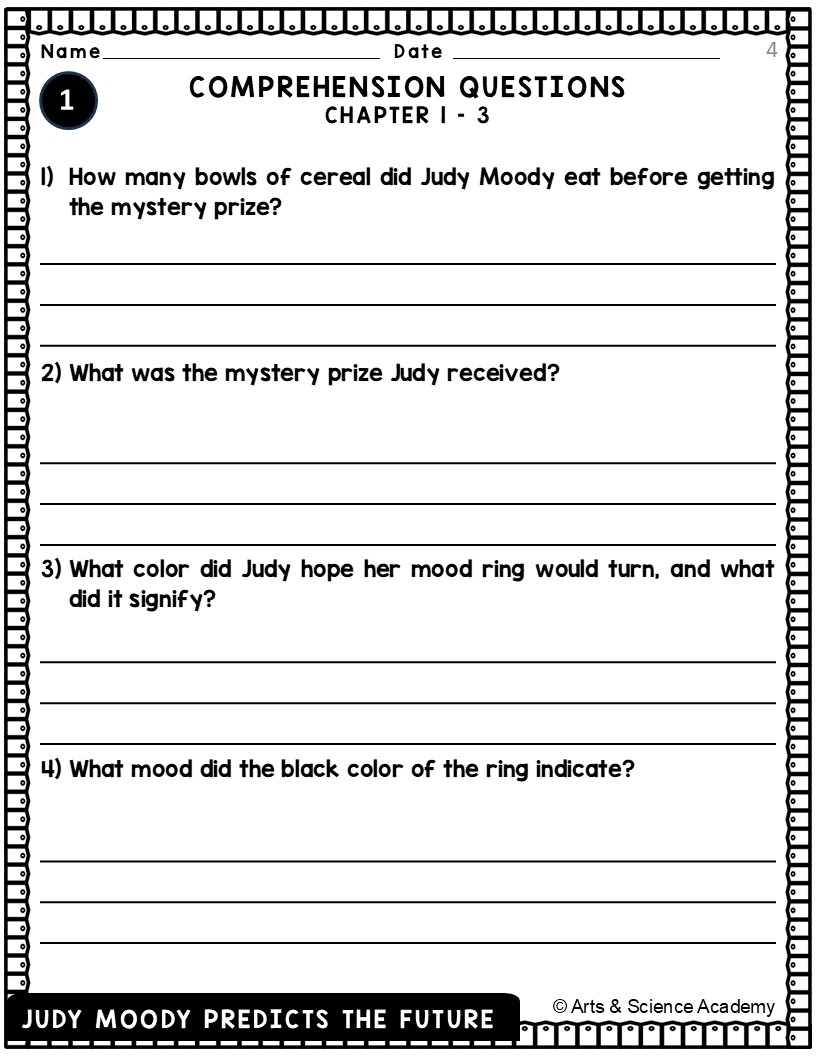 JUDY MOODY PREDICTS THE FUTURE Novel Study Comprehension, Critical ...