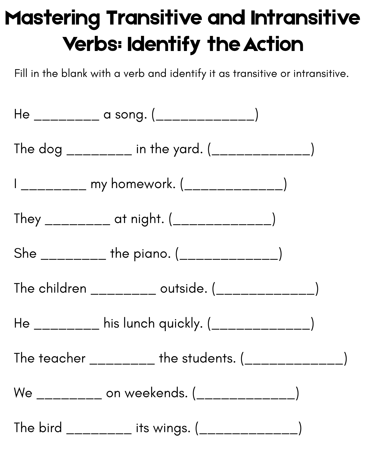 transitive and intransitive verbs exercises with answers | Teaching ...