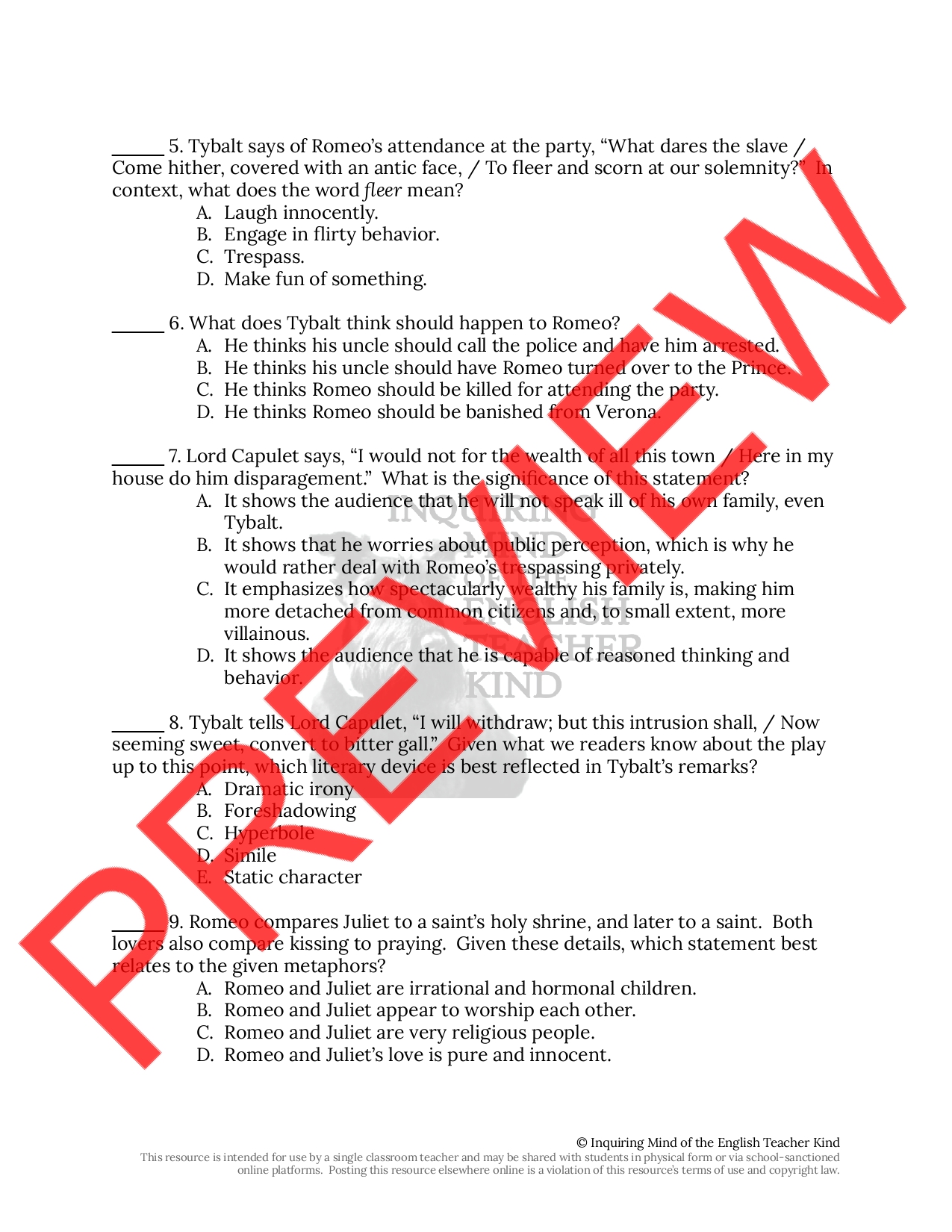 Romeo and Juliet Act 1 Scene 5 Close Reading Worksheet | Teaching Resources