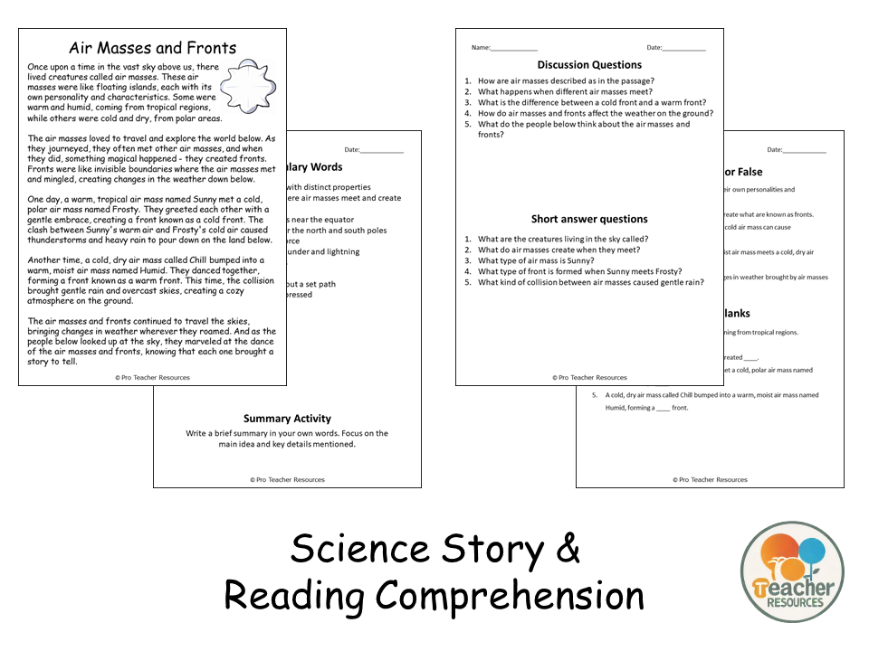 Air Masses and Fronts Reading Science Story Comprehension Questions ...