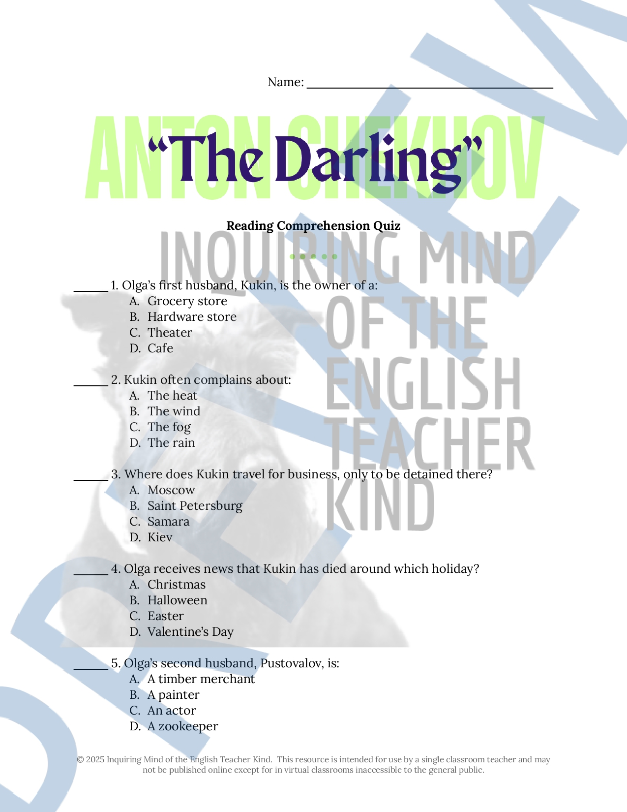 "The Darling" by Anton Chekhov Quiz and Answer Key (Short Story ...