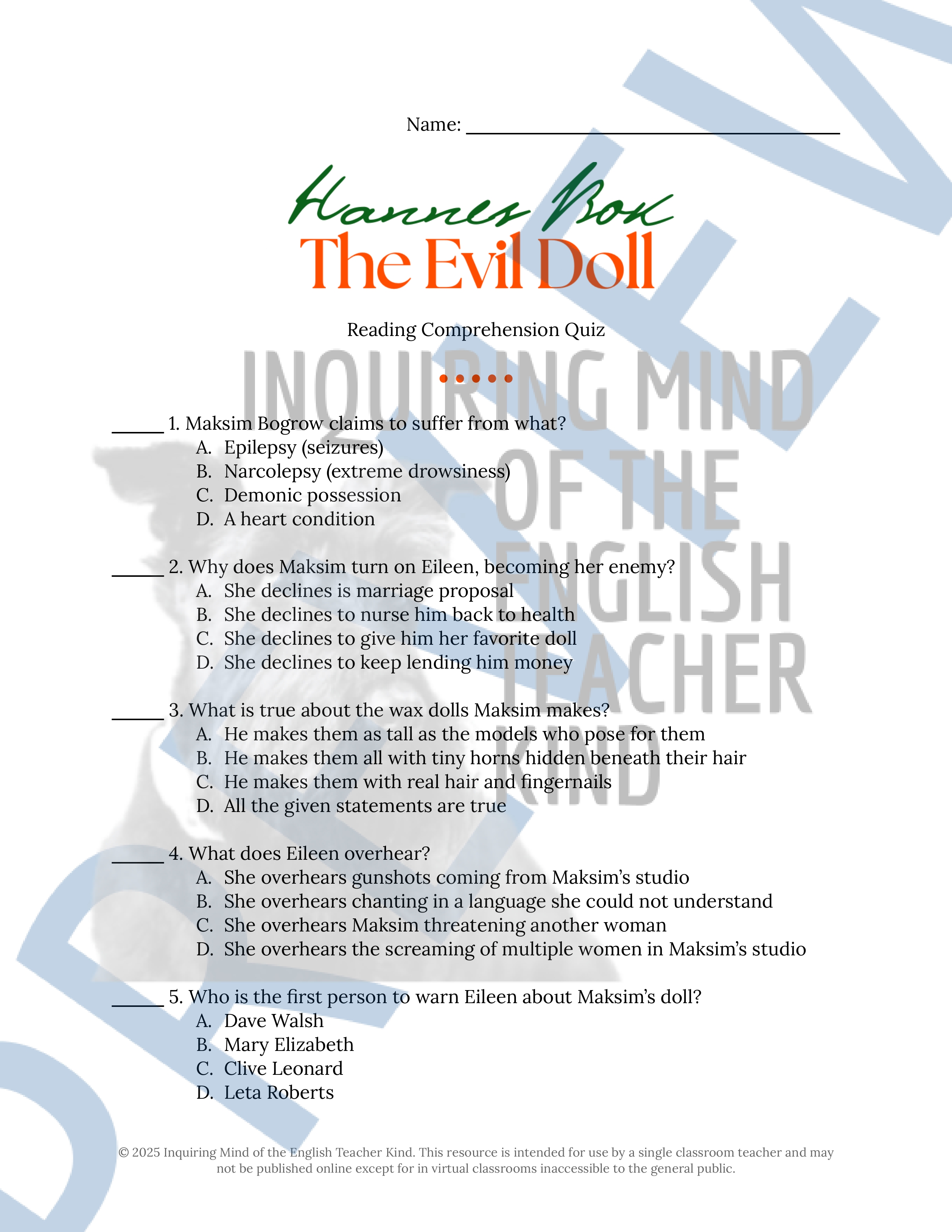 "The Evil Doll" by Hannes Bok Quiz and Answer Key (Halloween Horror ...