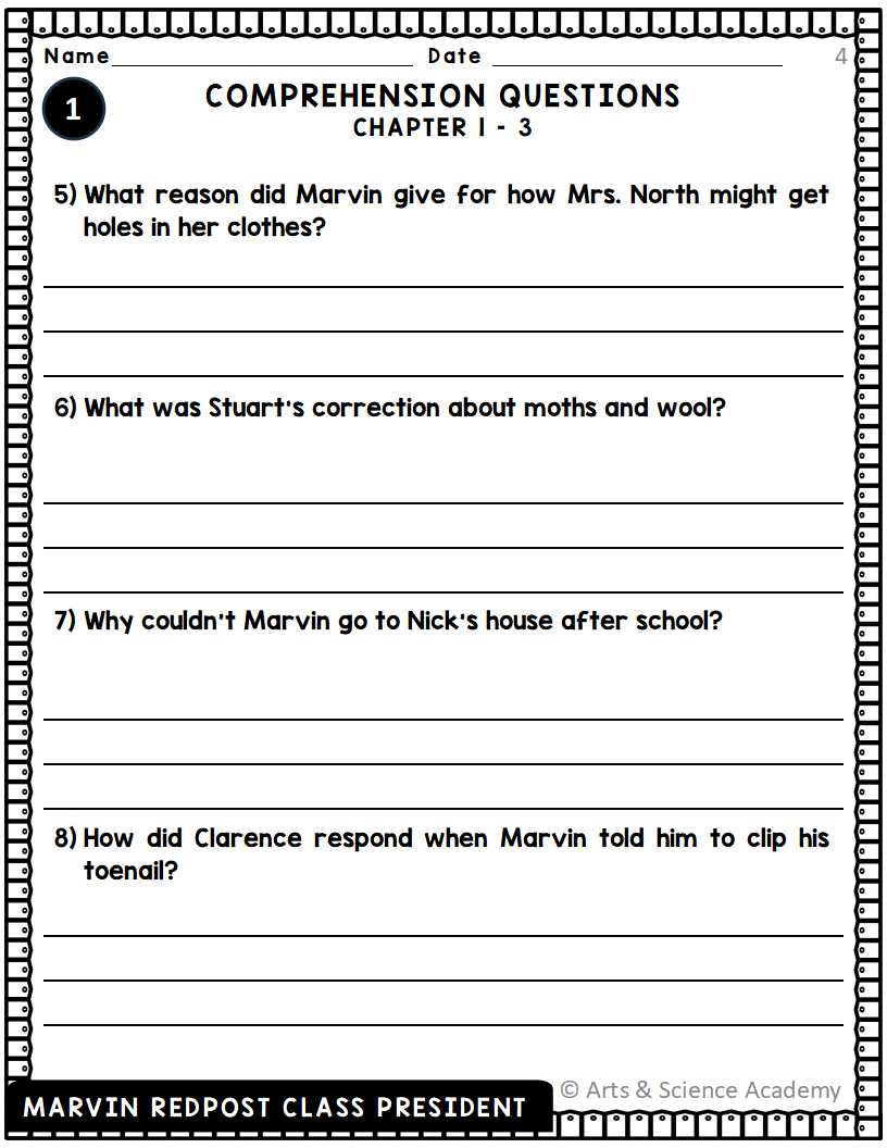 MARVIN REDPOST CLASS PRESIDENT Novel Study Comprehension, Critical ...