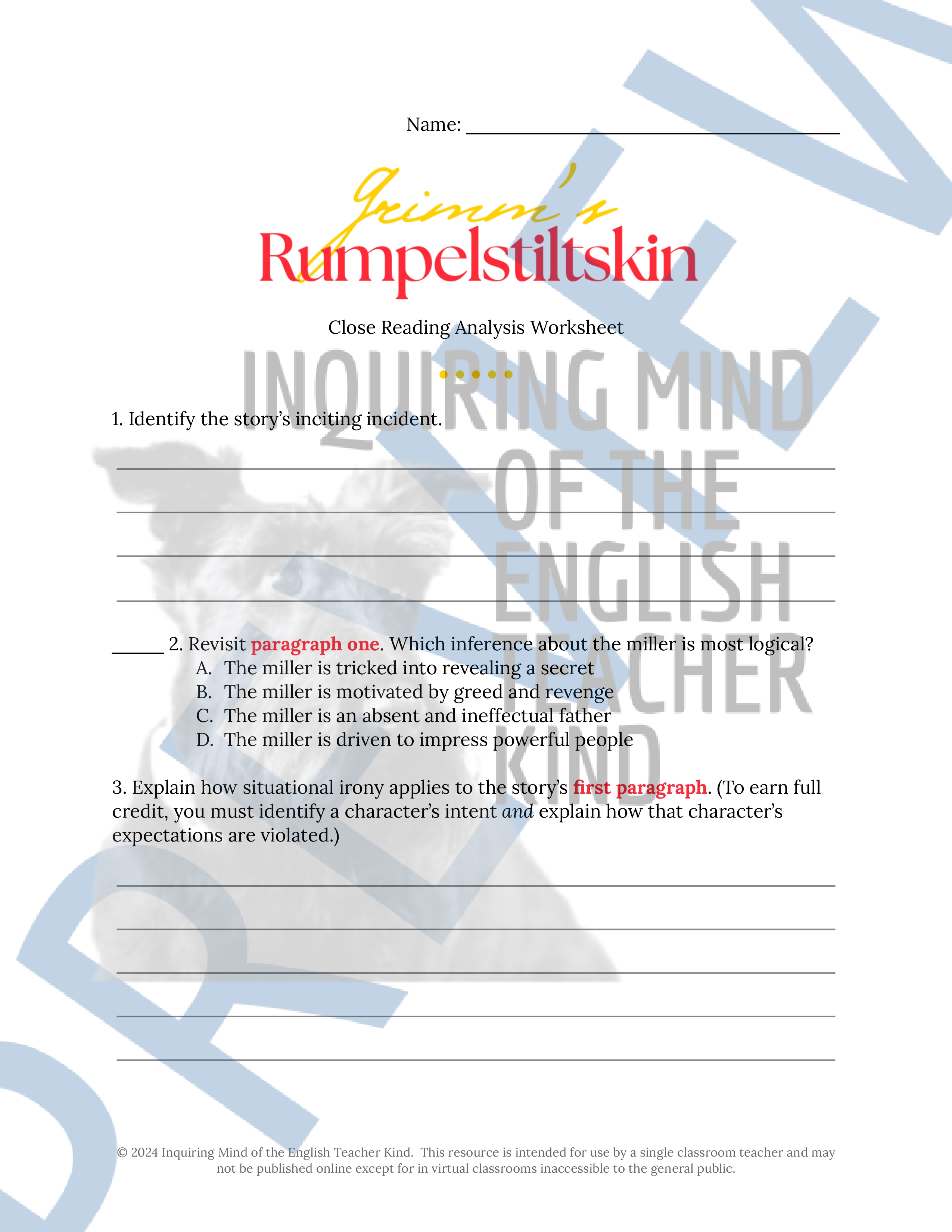 "Rumpelstiltskin" Close Reading Analysis Worksheet (Grimm's Fairy Tale ...