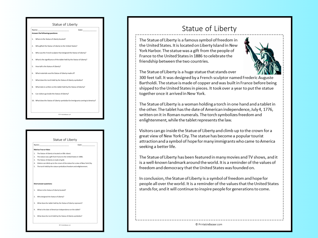 Statue of Liberty Reading Comprehension Passage Printable Worksheet ...