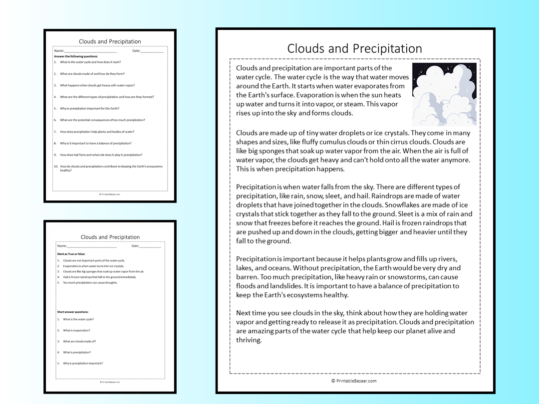 Clouds and Precipitation Reading Comprehension Passage Printable ...
